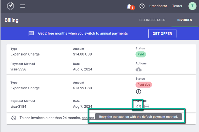How to retry failed payment in Time Doctor